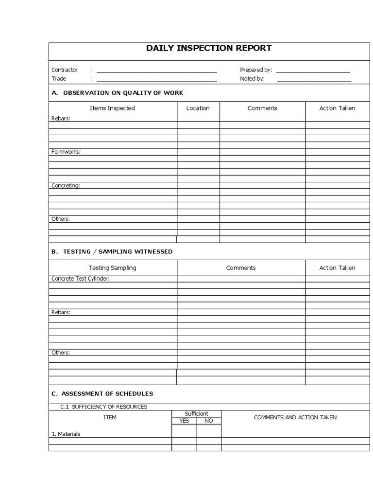 Daily Inspection Report: A. Observation On Quality of Work | PDF