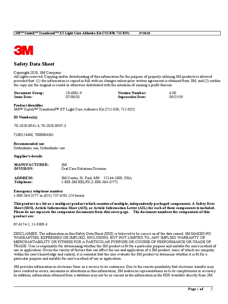 Safety Data Sheet: 3M™ Unitek™ Transbond™ XT Light Cure Adhesive Kit ...