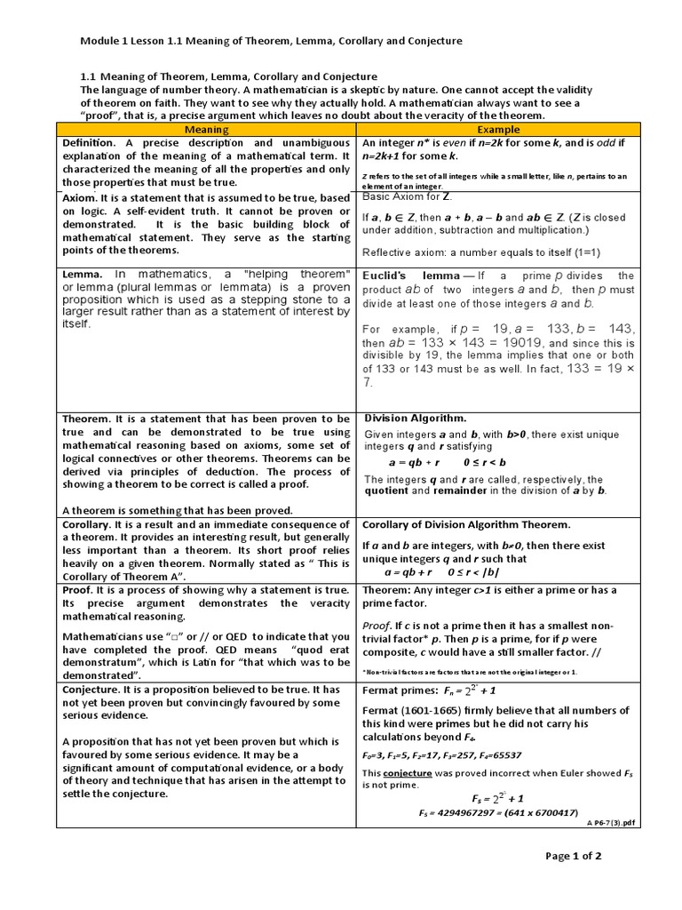1.1 Meaning of Theorem, Lemma, Corollary and Conjecture | PDF | Theorem ...