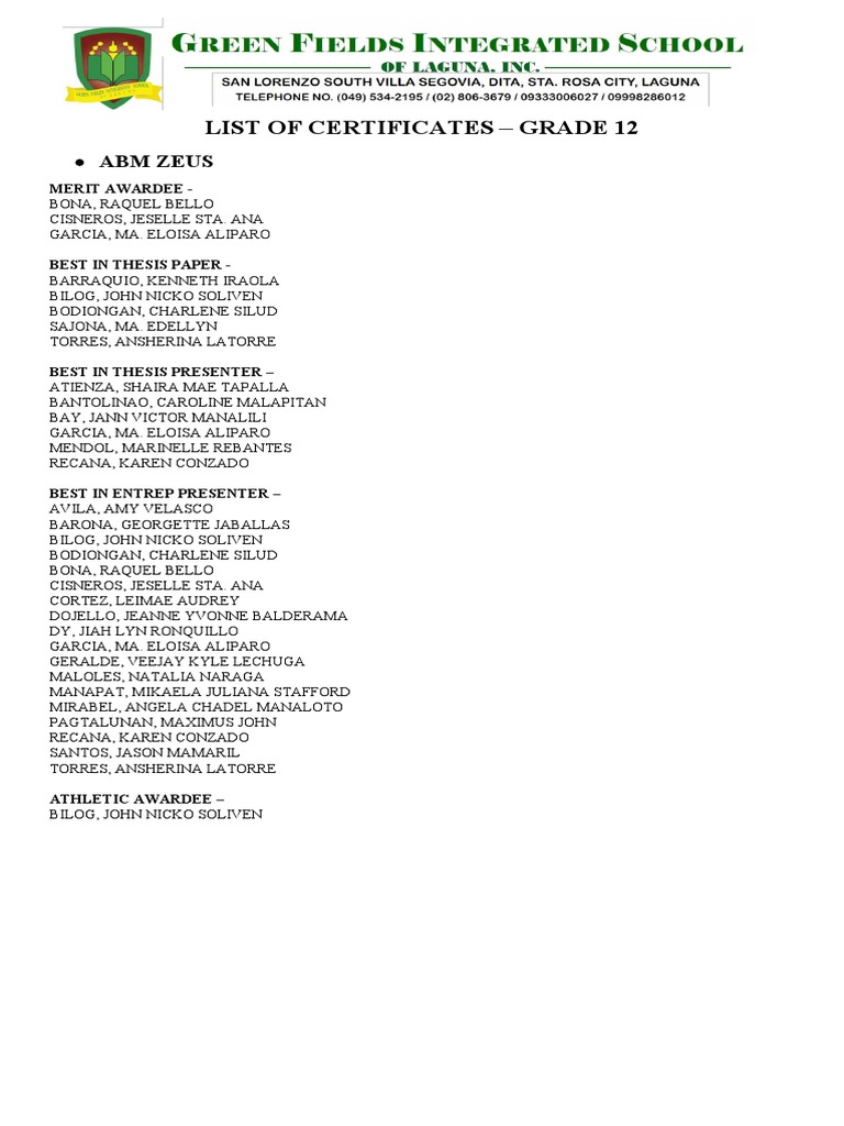 Grade 12 Certificates List | PDF