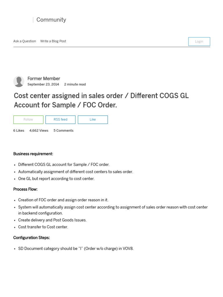 Cost Center Assigned in Sales Order - Different COGS GL Account For ...