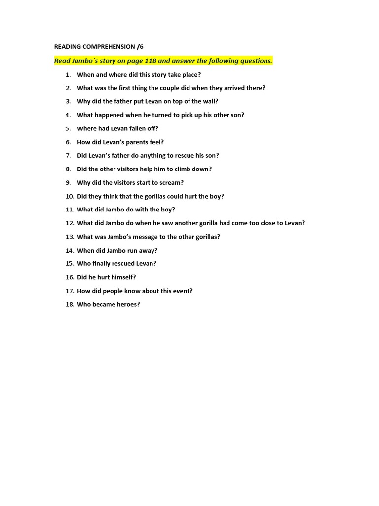 Jambo's Story: Reading Comprehension Questions | PDF | Language Arts ...