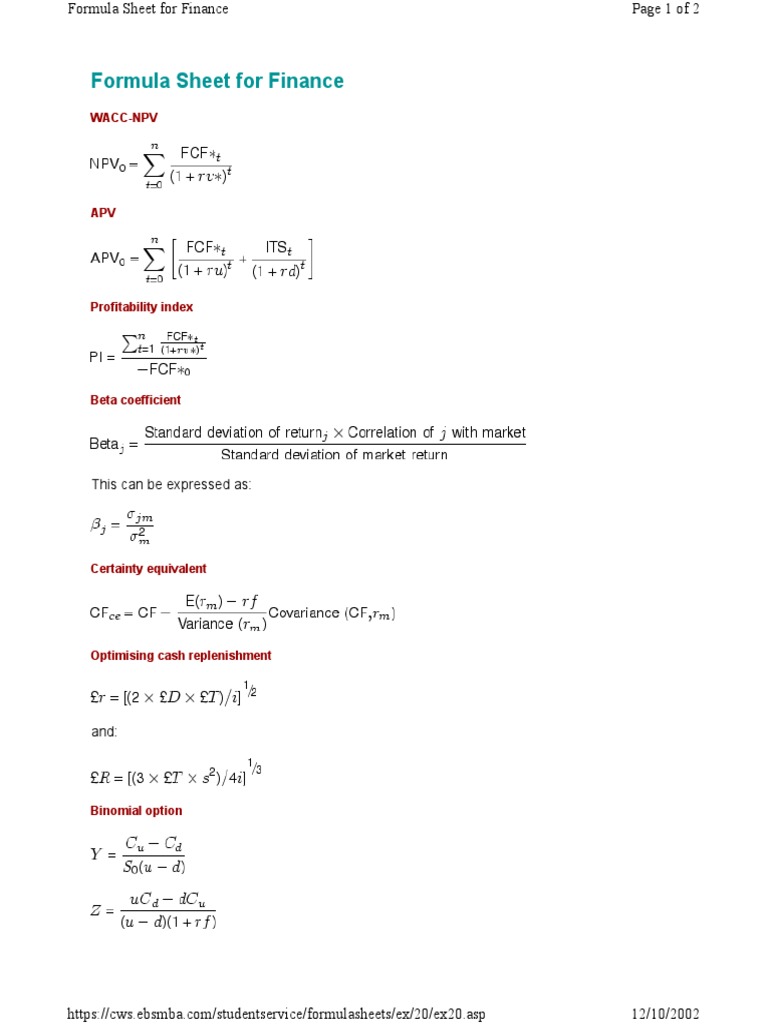 Formula Sheet For Finance: Wacc-Npv | PDF