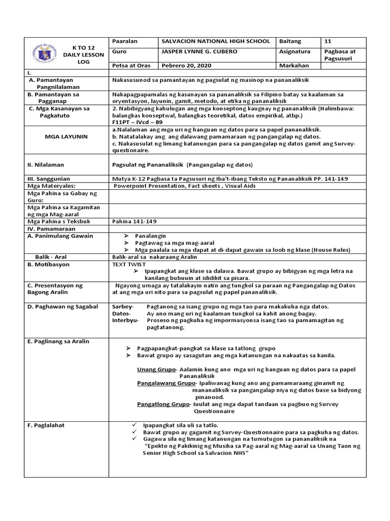 Lesson Plan (Pangangalap NG Datos) | PDF