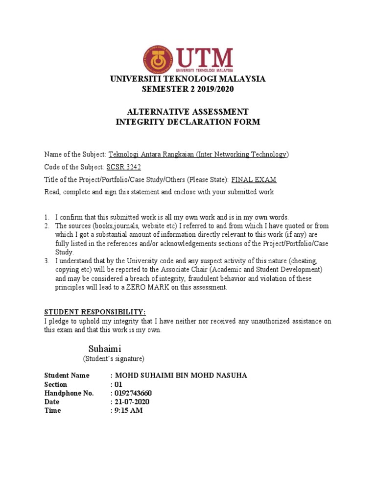 Alternative Assessment Integrity Declaration Form - New | PDF