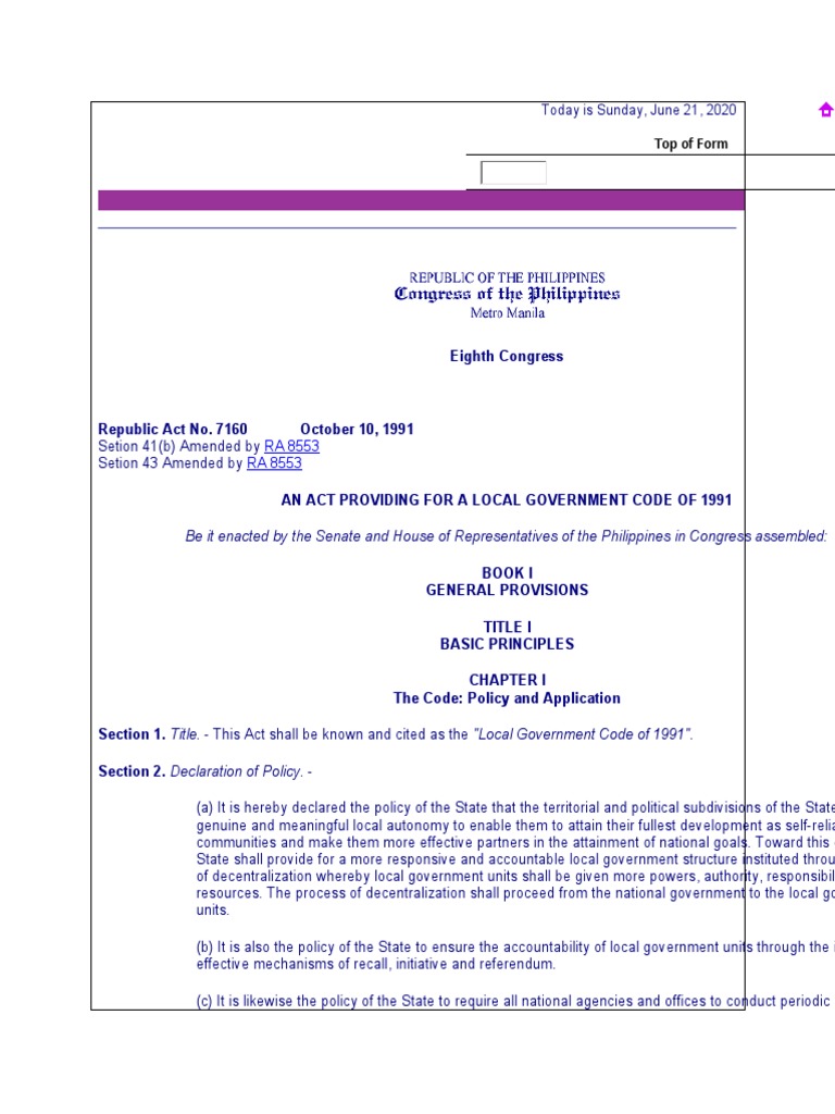 Local Government Code of 1991 As Amended by RA8553 RA8150 RA9640 RA9244 ...