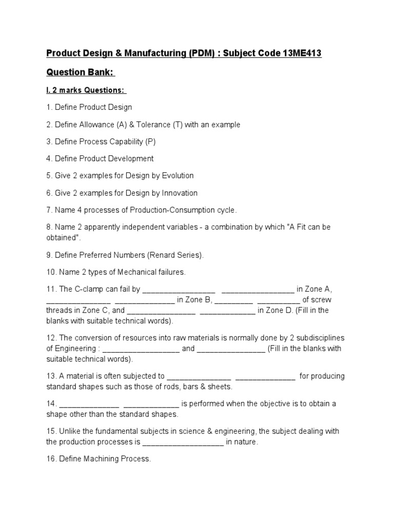 PDM Question Bank Unit I and II - Chapter 1 & 2 - 3 & 5 Product Design ...