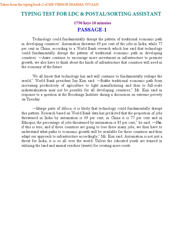 Typing Test For LDC & Postal/Sorting Assistant: Passage-1 | PDF ...