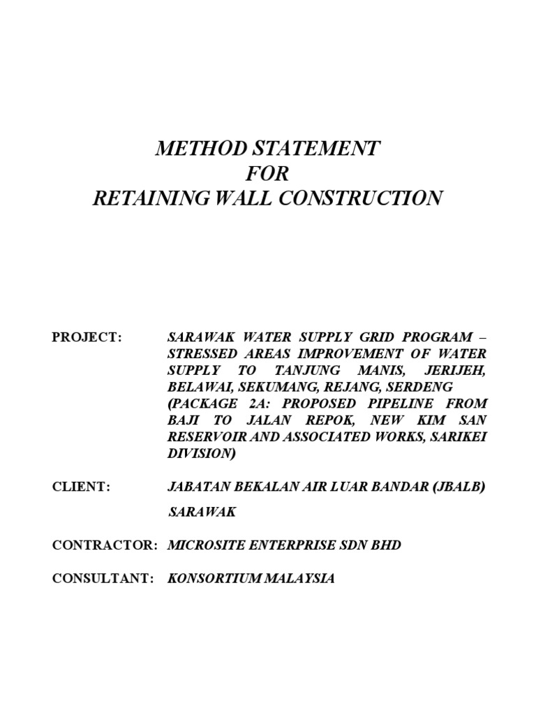 Method Statement FOR Retaining Wall Construction: Project | PDF ...