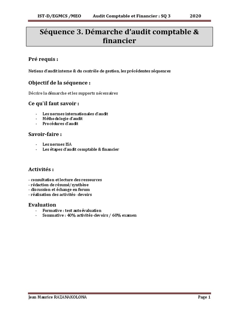 SEQ 3 Demarche Daudit Comptable Financier | PDF | Audit financier | Contrôle interne