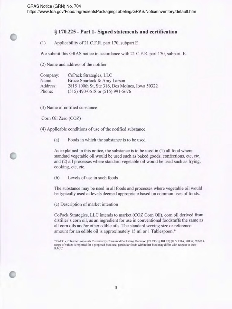 GRAS Notice 000704 Corn Oil (By Product of Ethanol Production) | PDF ...