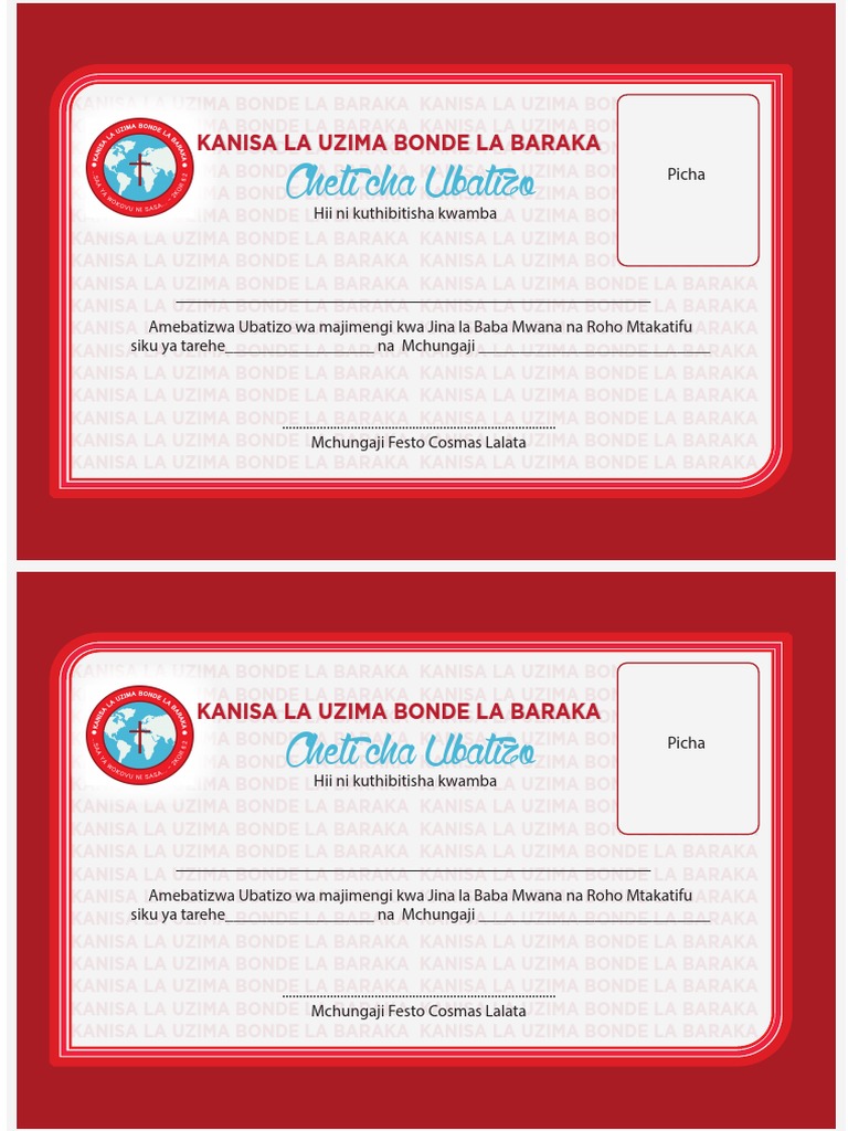 Cheti Cha Ubatizo: Kanisa La Uzima Bonde La Baraka | PDF