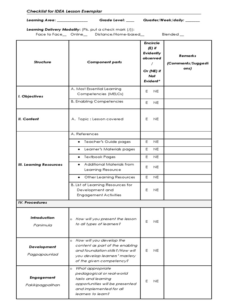 IDEA Lesson Exemplar Checklist | PDF | Change | Learning