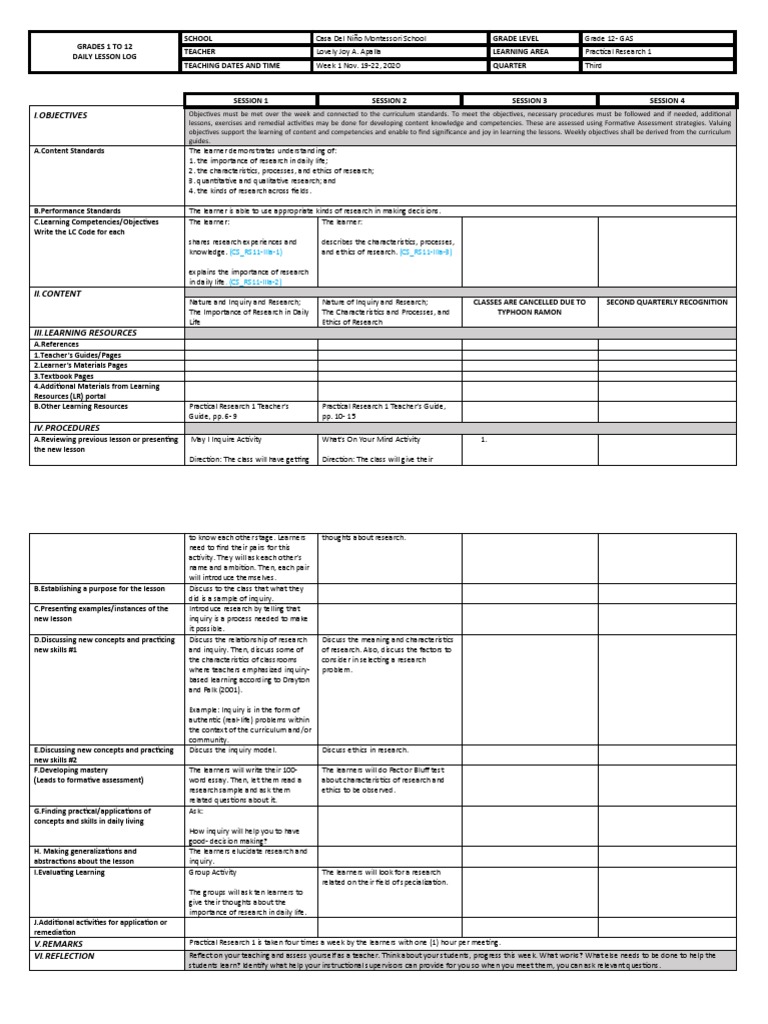 Grade-9-DLL-Practical Research 1-Q3-Week-1 | PDF | Teachers | Learning