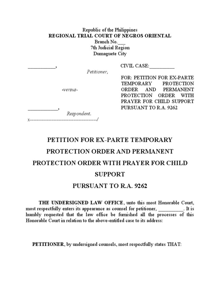 Sample Petition For Temporary Protection Order | PDF | Restraining ...