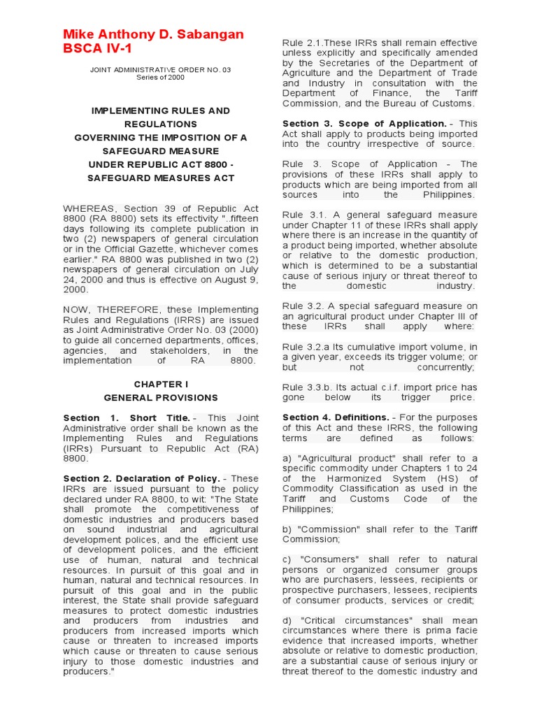 Mike Anthony D. Sabangan Bsca Iv-1: Joint Administrative Order No. 03 Series of 2000 | Download ...