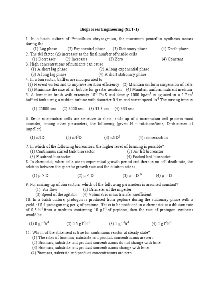 Bioprocess Engineering Questions | PDF | Growth Medium | Chemical ...