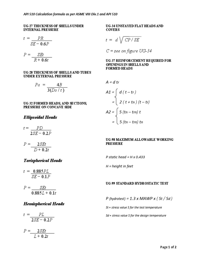 Calculation Formula For API 510 | PDF | Continuum Mechanics | Materials
