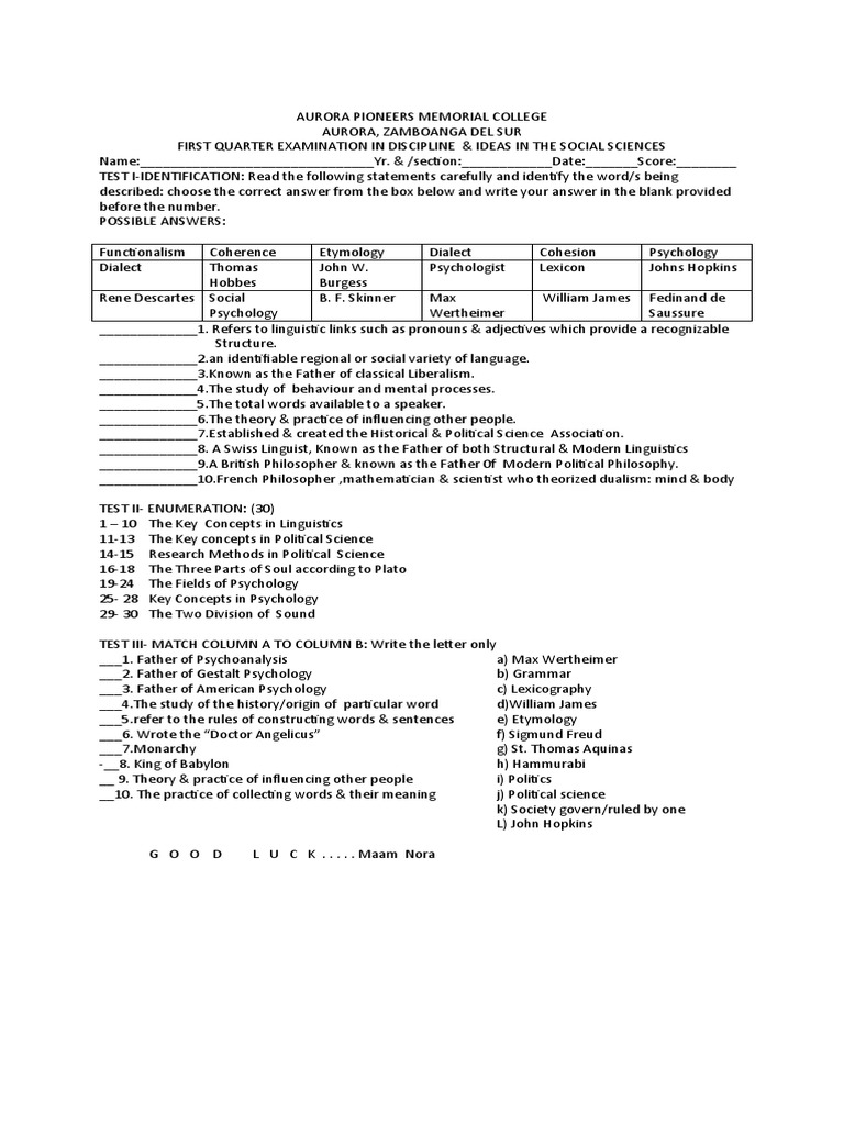 1st Quarter Exam in Social Sciences | PDF | Linguistics | Psychology