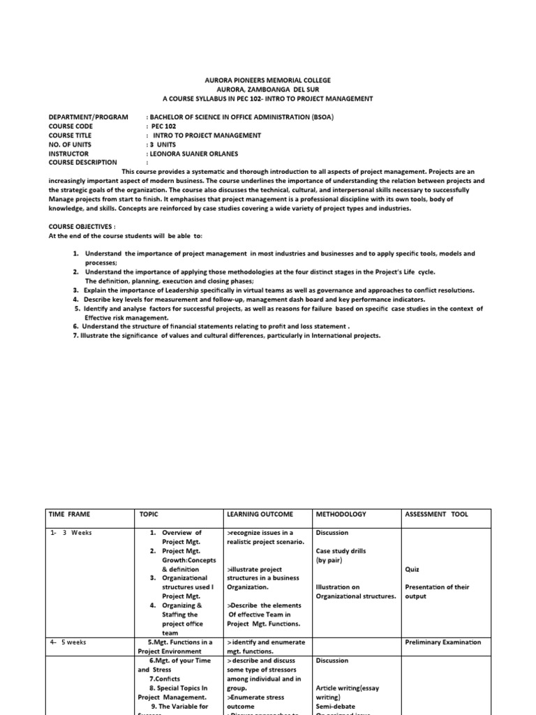 Course Syllabus in Project Mgt. | PDF | Project Management | Case Study