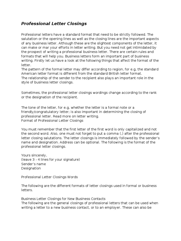 Professional Letter Closings