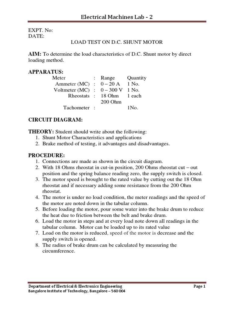 Load Test On DC Shunt Motor | PDF | Electric Motor | Electromagnetism