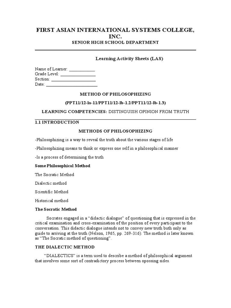 Methods of Philosophizing Activities | PDF | Dialectic | Truth