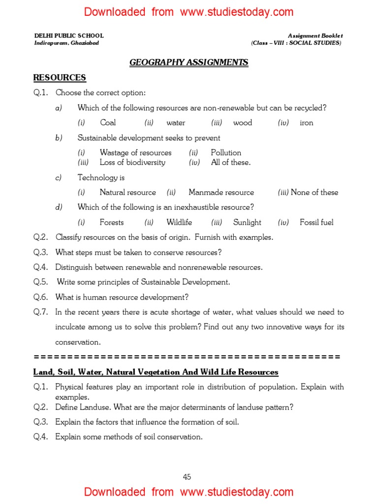 CBSE Class 8 Geography Worksheet - All Chapters | PDF | Resource ...