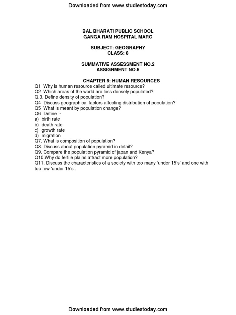 Class 8 Geography: Human Resources Worksheet | PDF