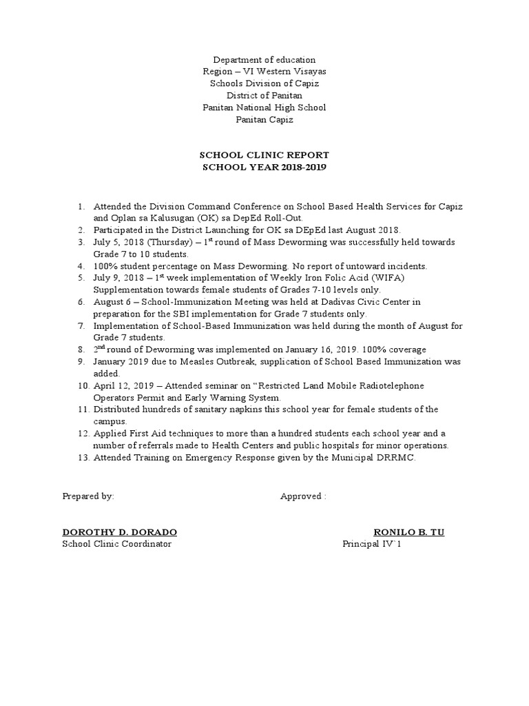 Panitan National High School Clinic Report 2018-2019 | PDF