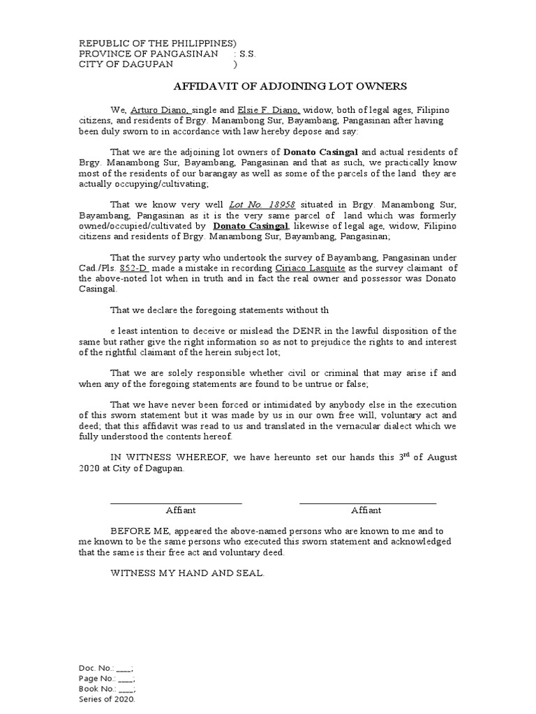 AFFIDAVIT OF ADJOINING OWNERS. New | PDF | Affidavit | Civil Law ...
