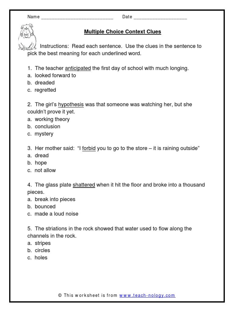 Multiple Choice Context Clues: Name - Date | PDF
