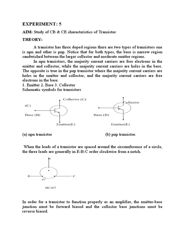 Experiment: 5: AIM: Study of CB & CE Characteristics of Transistor ...