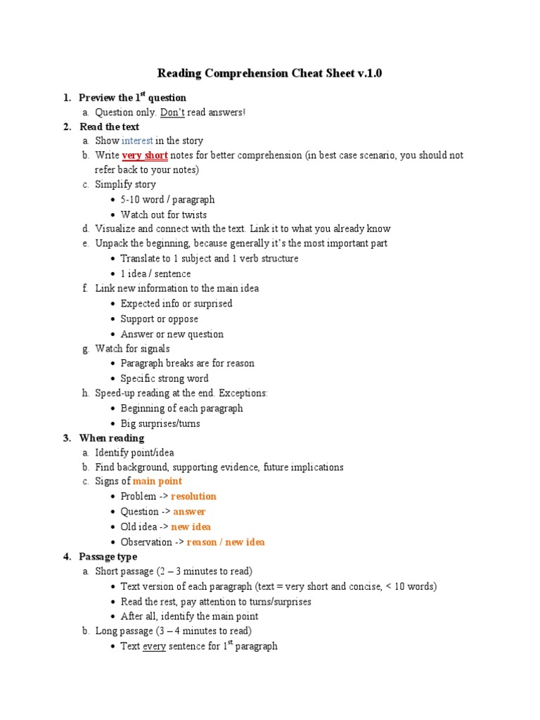 RC Cheat Sheet v1.1 | PDF | Reading Comprehension | Neuropsychological ...