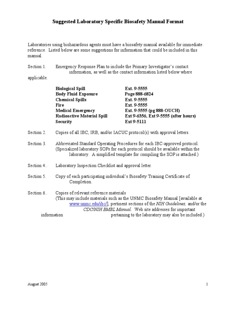 Suggested Laboratory Specific Biosafety Manual Format: WWW - Unmc.edu ...