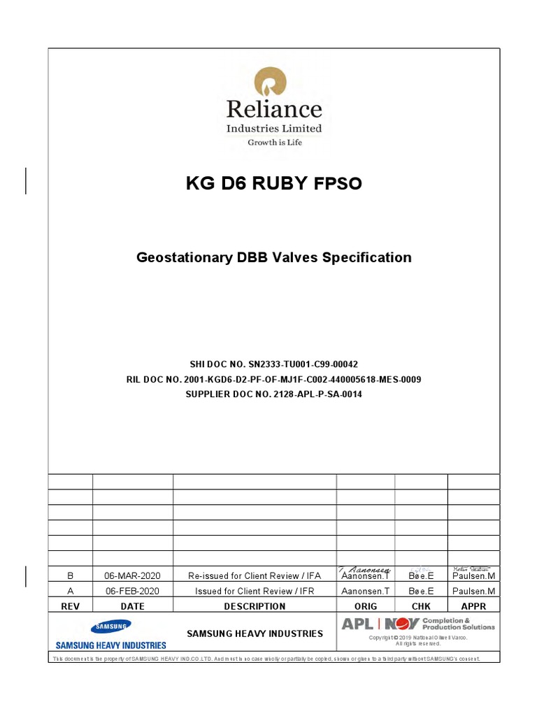 KG D6 Ruby: Geostationary DBB Valves Specification | PDF ...