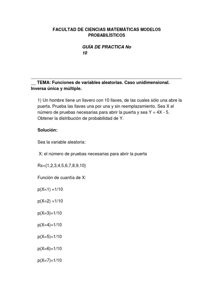 Práctica 10 Funciones de Variables Aleatorias PDF | PDF | Función de densidad de probabilidad ...