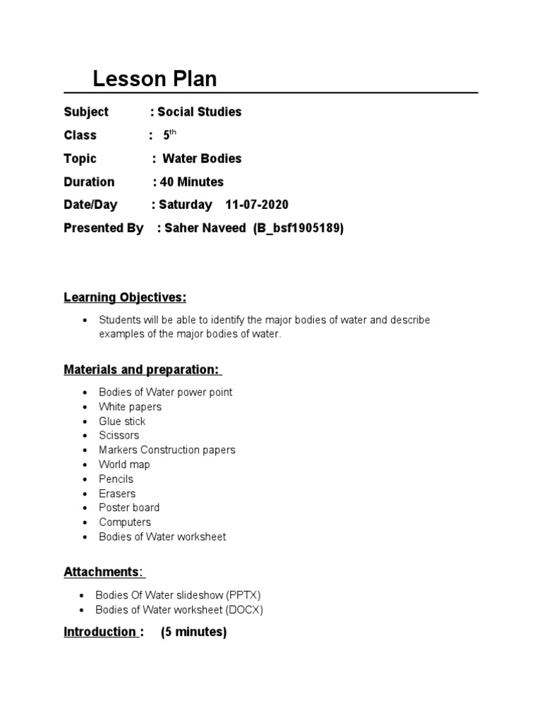 Lesson Plan - Water Bodies - Saher | PDF | Lesson Plan | Learning