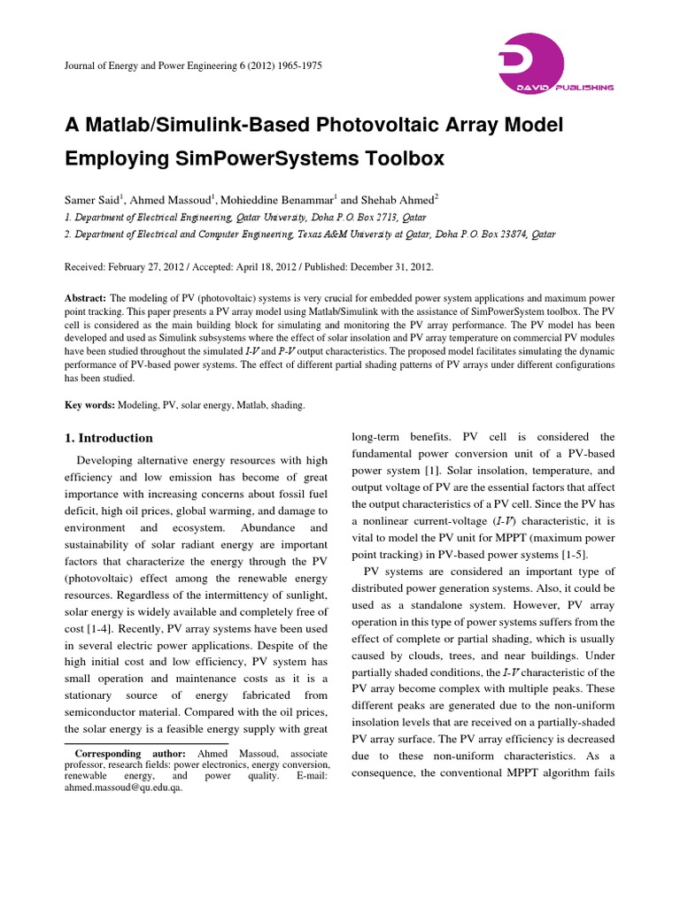 A Matlab/Simulink-Based Photovoltaic Array Model Employing ...