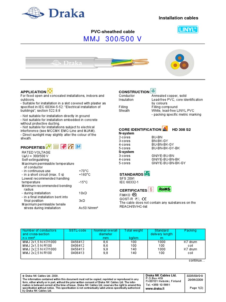 MMJ 300/500 V: Installation Cables | PDF | Building Materials | Electricity
