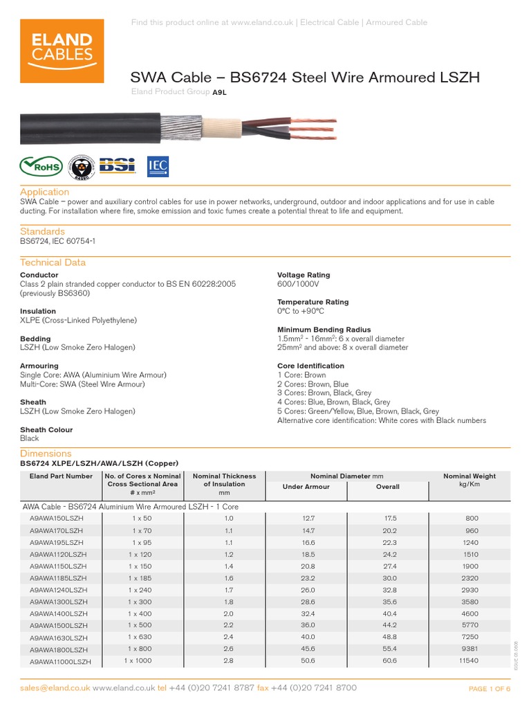SWA Cable - BS6724 PDF | Download Free PDF | Electrical Conductor ...