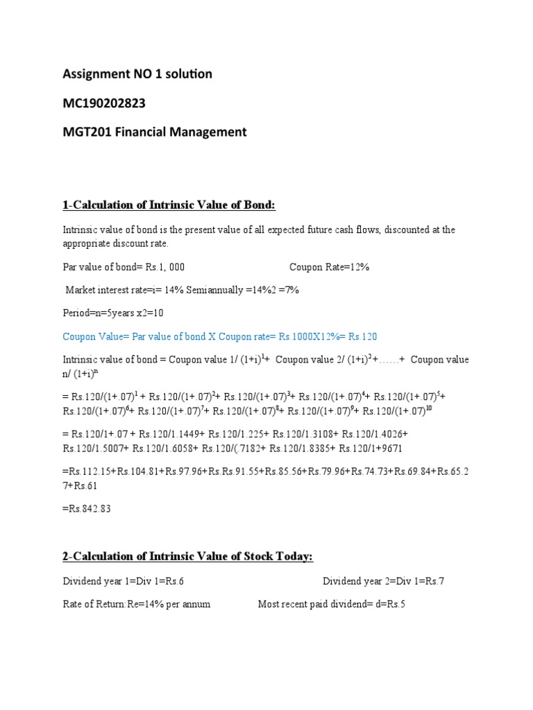 MGT201 Financial Management Assignment Solution Calculating Intrinsic Bond Stock Values | PDF