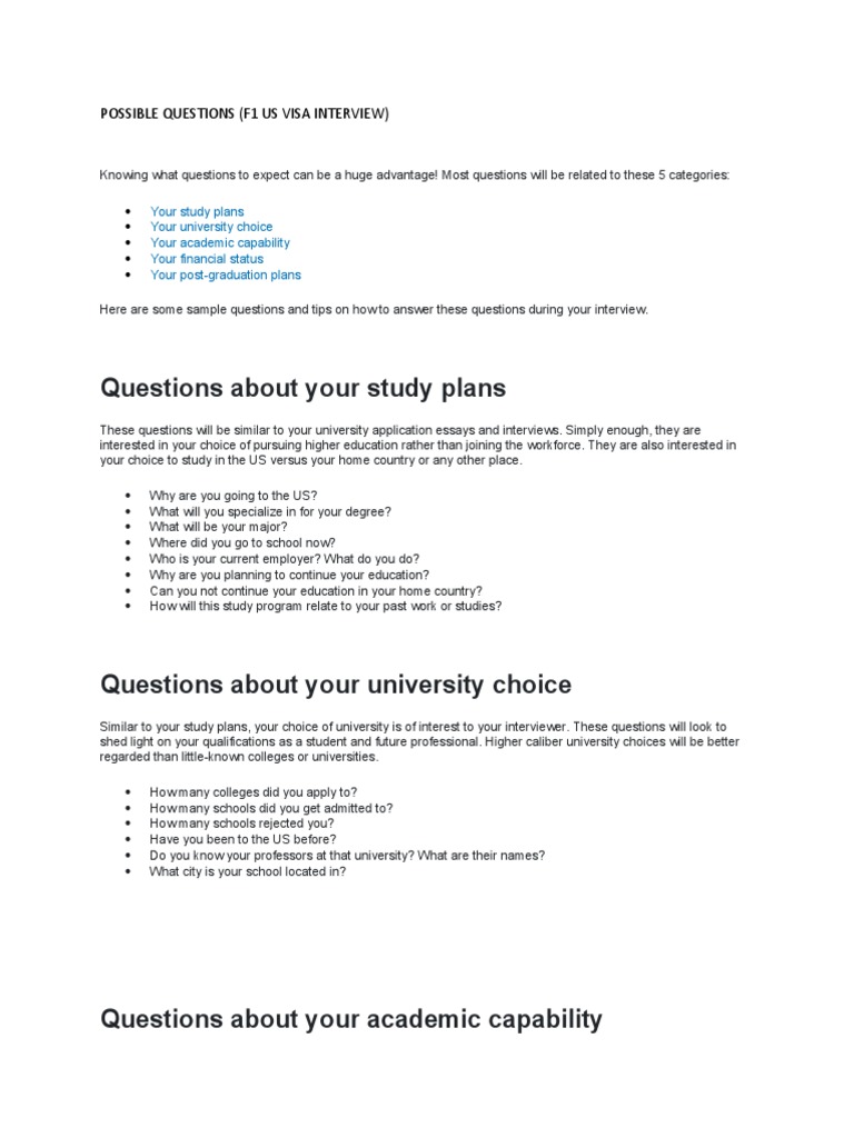 Possible Questions F1 Visa Interview | PDF | International Student ...