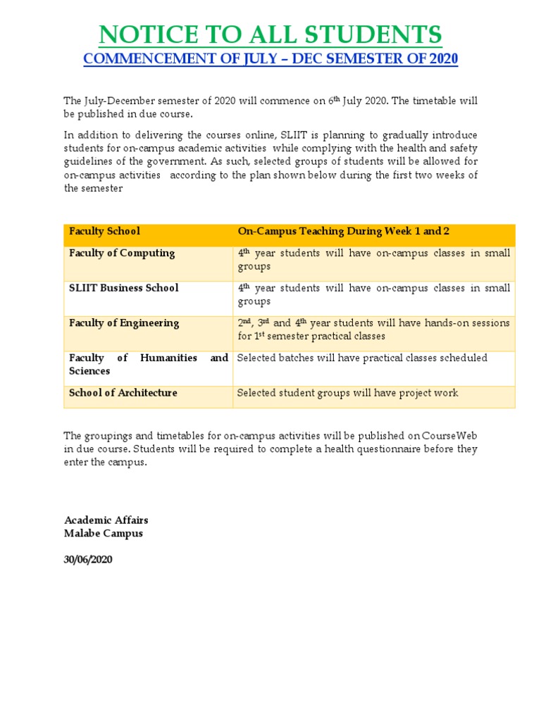 July - Dec 2020 Commencement Notice | PDF