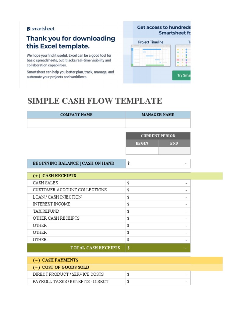 Simple Cash Flow Template: Company Name Manager Name | PDF | Receipt | Fee