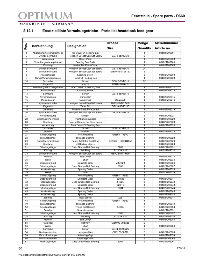 Optimum: Ersatzteile - Spare Parts - D660 | PDF | Bearing (Mechanical ...