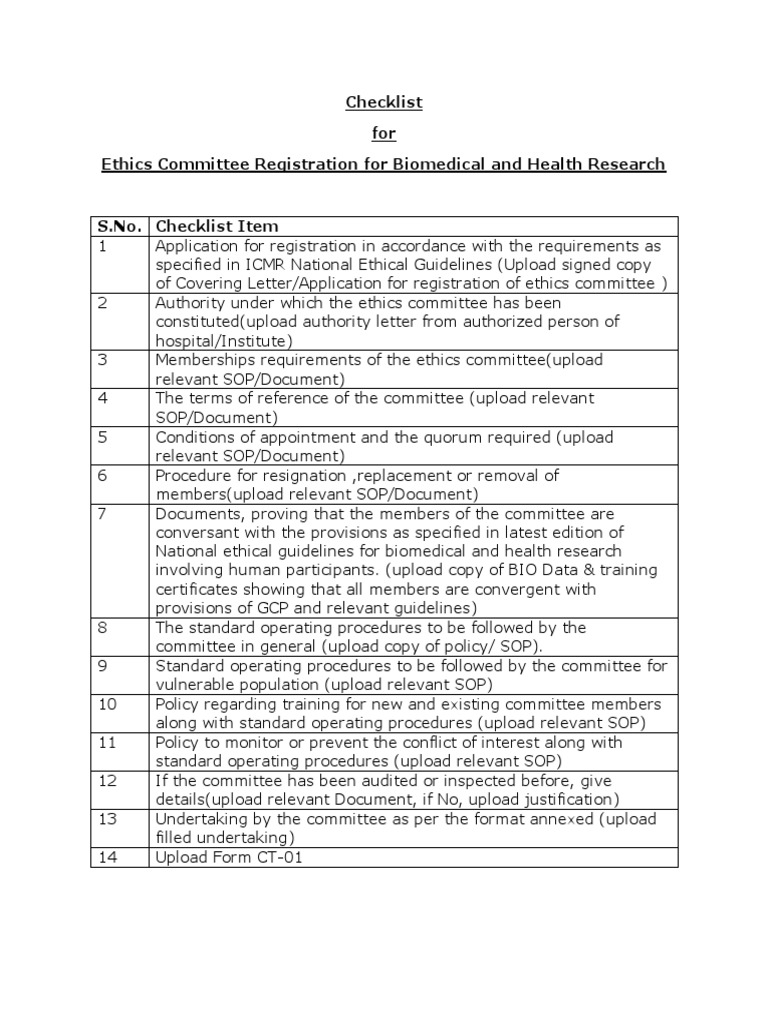 Checklist For Ethics Committee Registration For Biomedical and Health ...