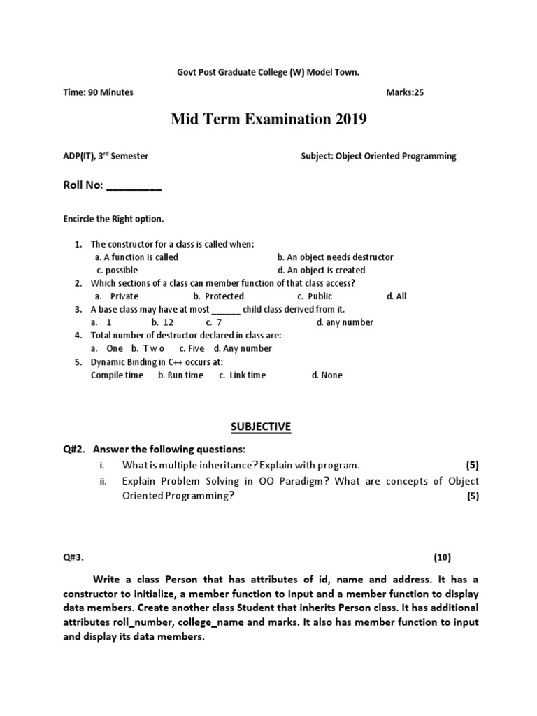 Mid Term Examination 2019: Roll No | PDF