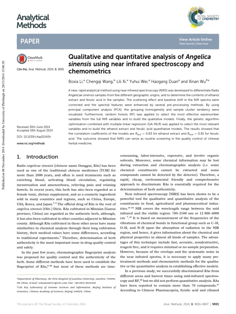 Analytical Methods: Paper | PDF | Principal Component Analysis | Chemometrics