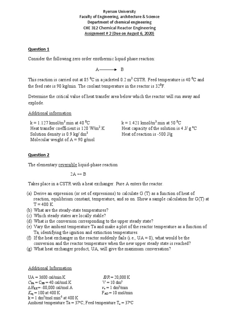 CHE 312 - Assignment 2 - Aug. 6 | PDF | Chemical Reactor | Temperature